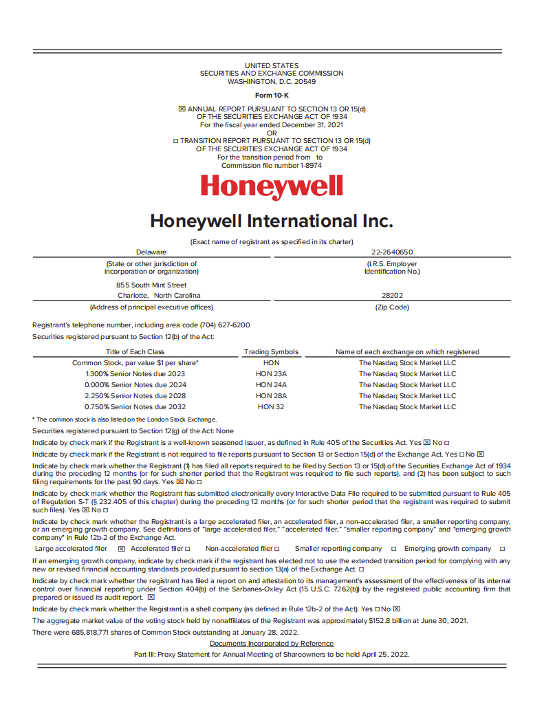 霍尼韦尔国际公司（HONEYWELL INTERNATIONAL）2021年年度报告（英文版）.pdf | 先导研报