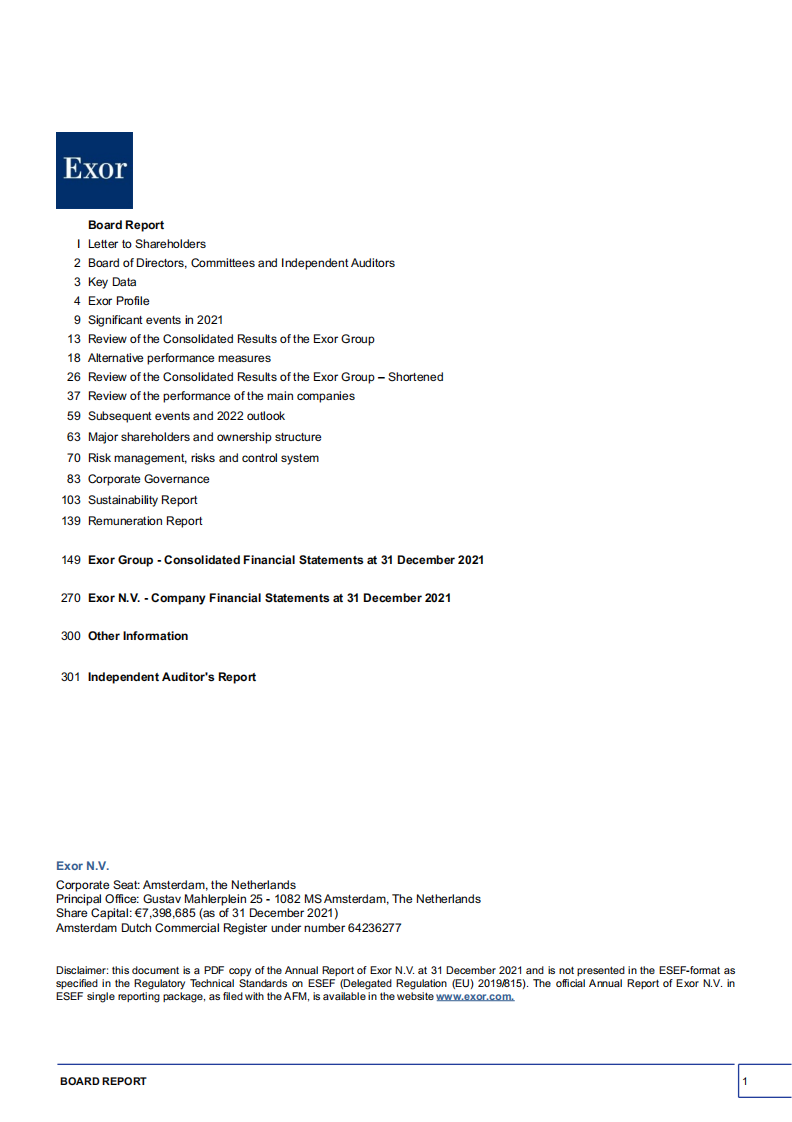 EXOR集团（EXOR GROUP）2021年年度报告（英文版）.pdf | 先导研报
