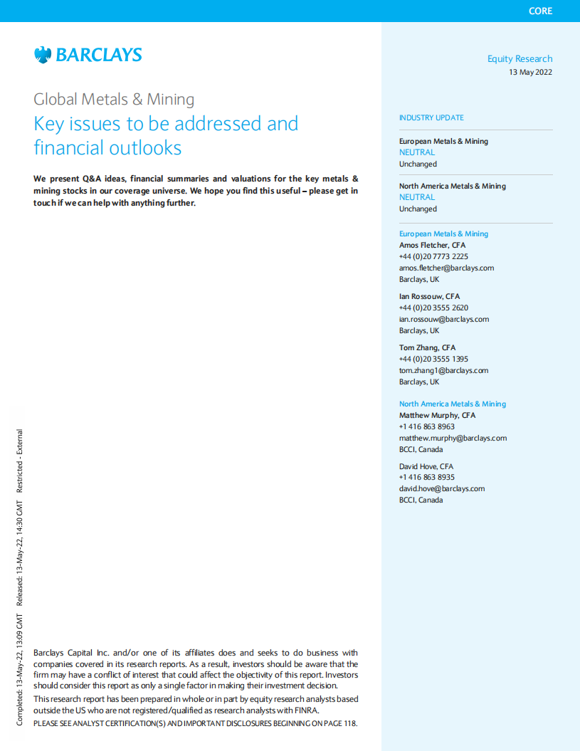 巴克莱银行（Barclays）：全球金属和采矿业报告-需要解决的关键问题和财务前景（英文版）.pdf | 先导研报