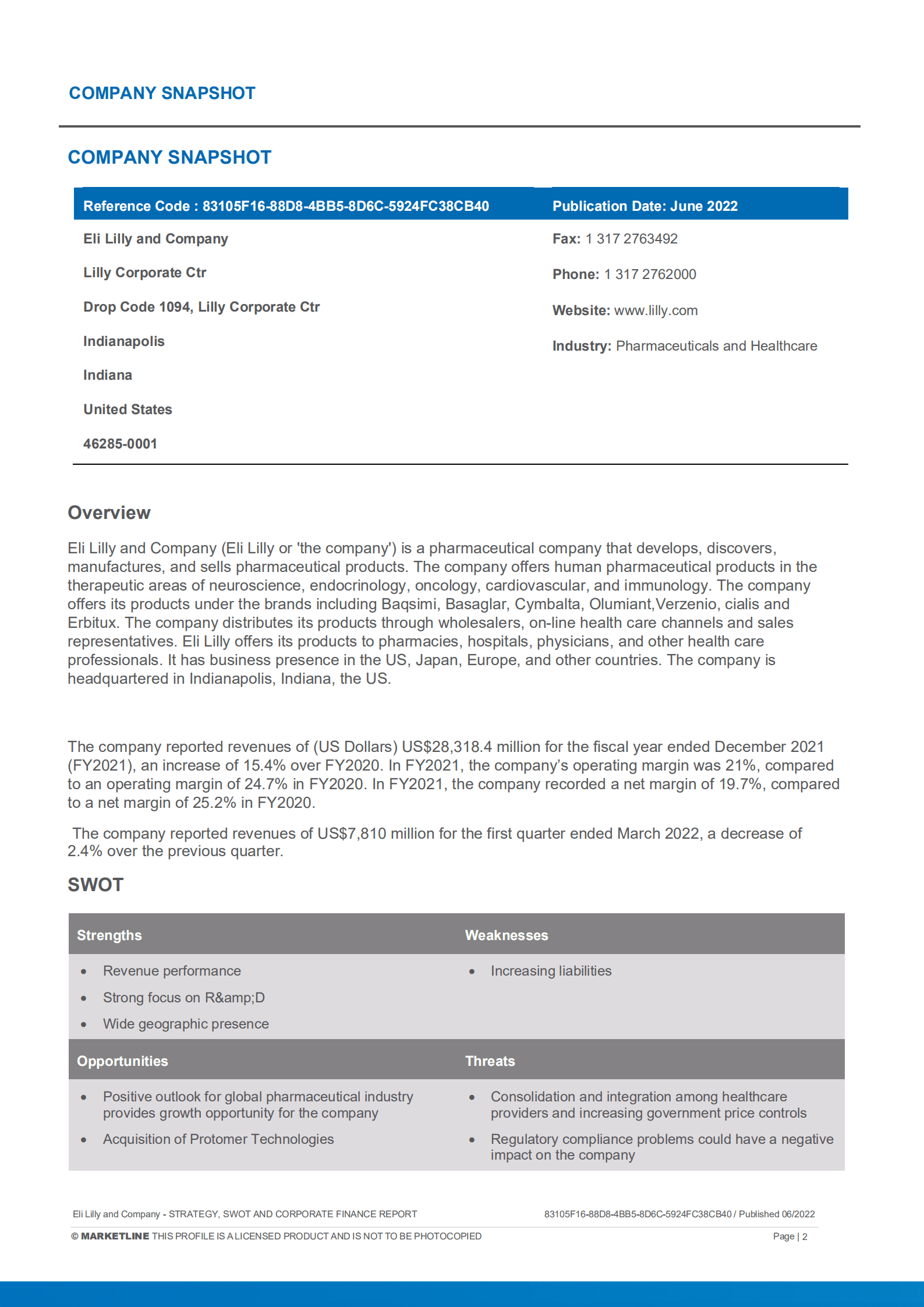 MarketLine：美国礼来公司发展概况、SWOT与财务状况深度分析报告（英文版）.pdf | 先导研报