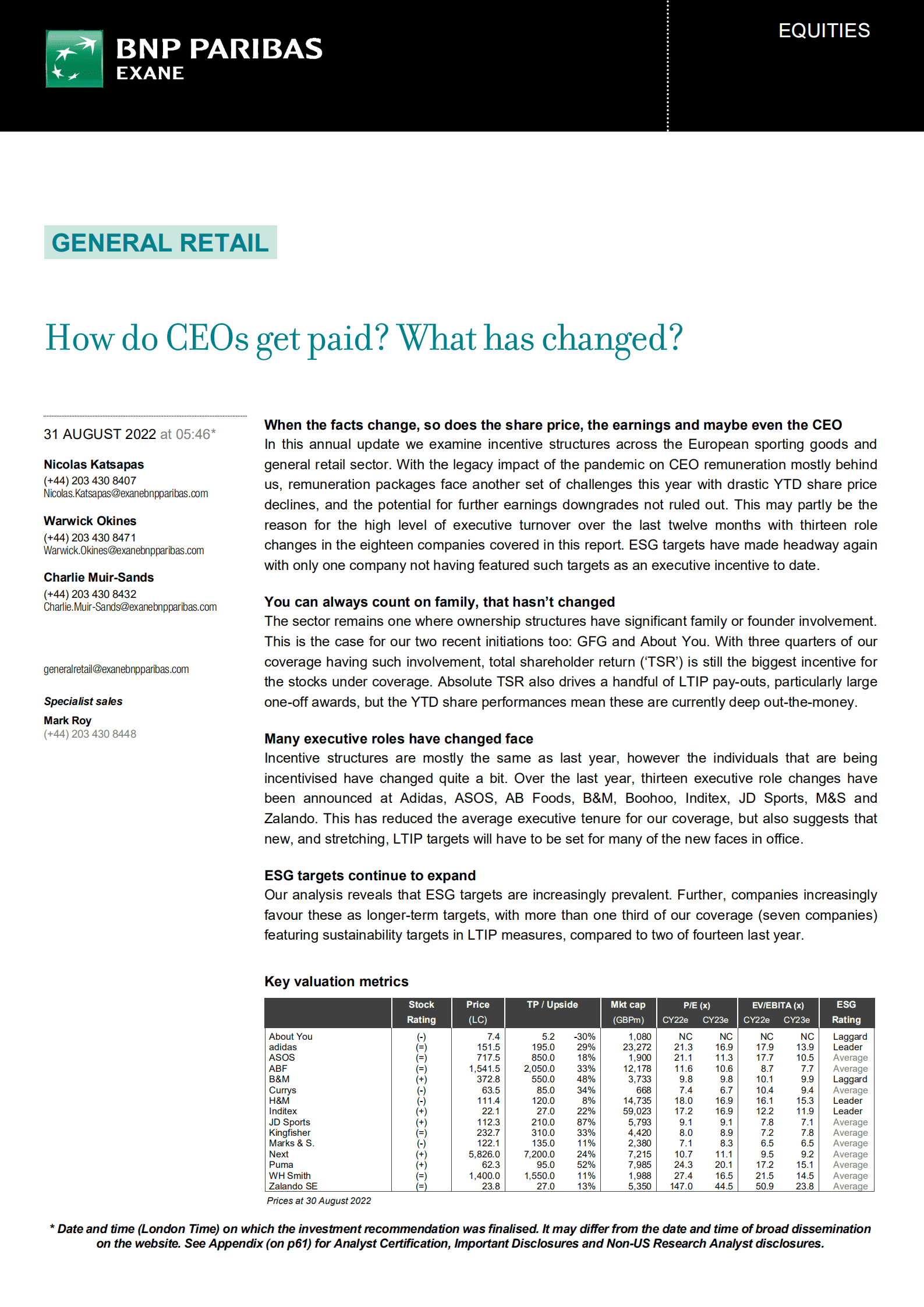 BNP Paribas Exane：2022年欧洲体育用品和综合零售行业CEO股权激励计划分析报告（英文版）.pdf | 先导研报