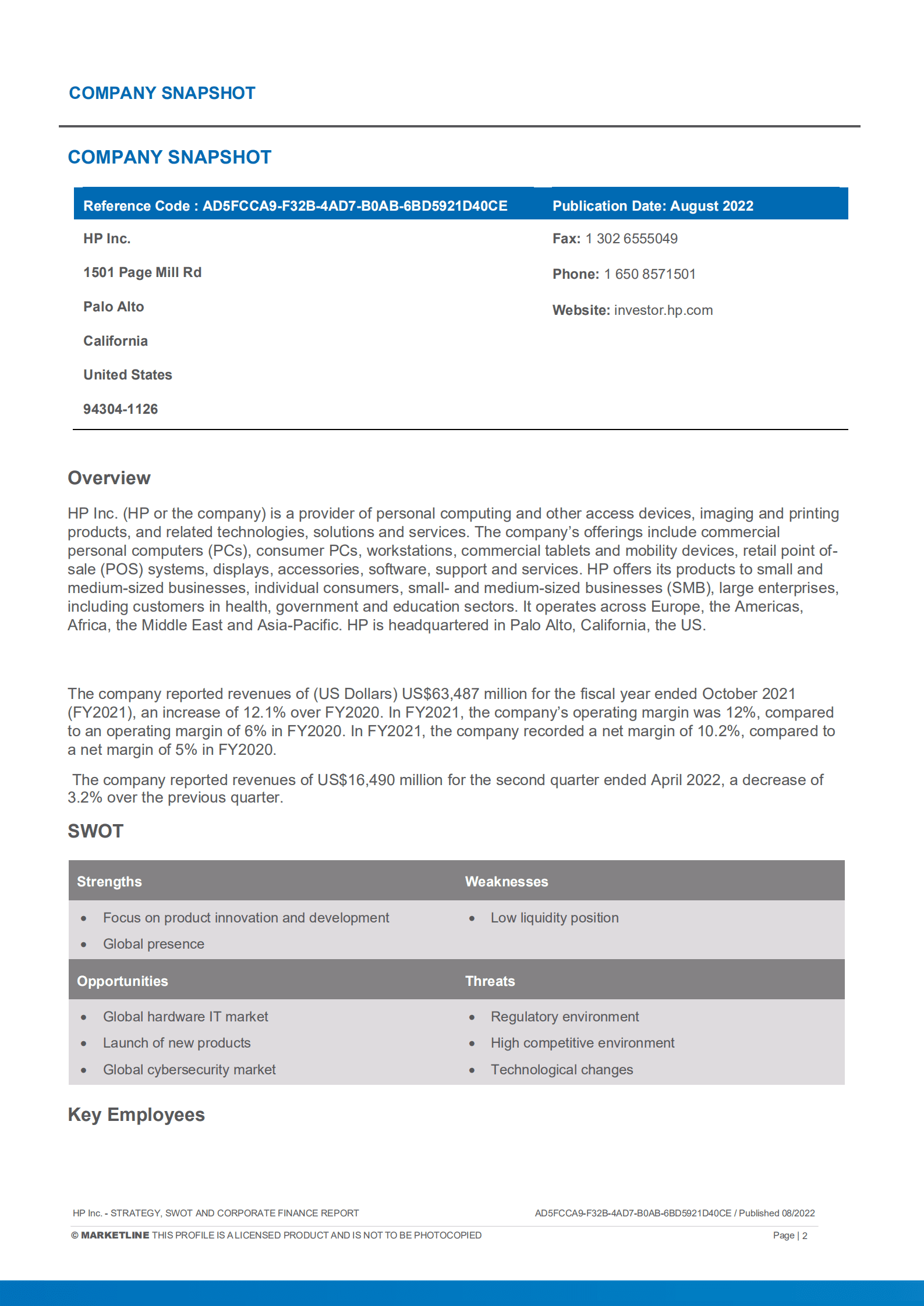 MarketLine：惠普公司（HP）发展概况、SWOT与财务状况深度分析报告（英文版）.pdf | 先导研报